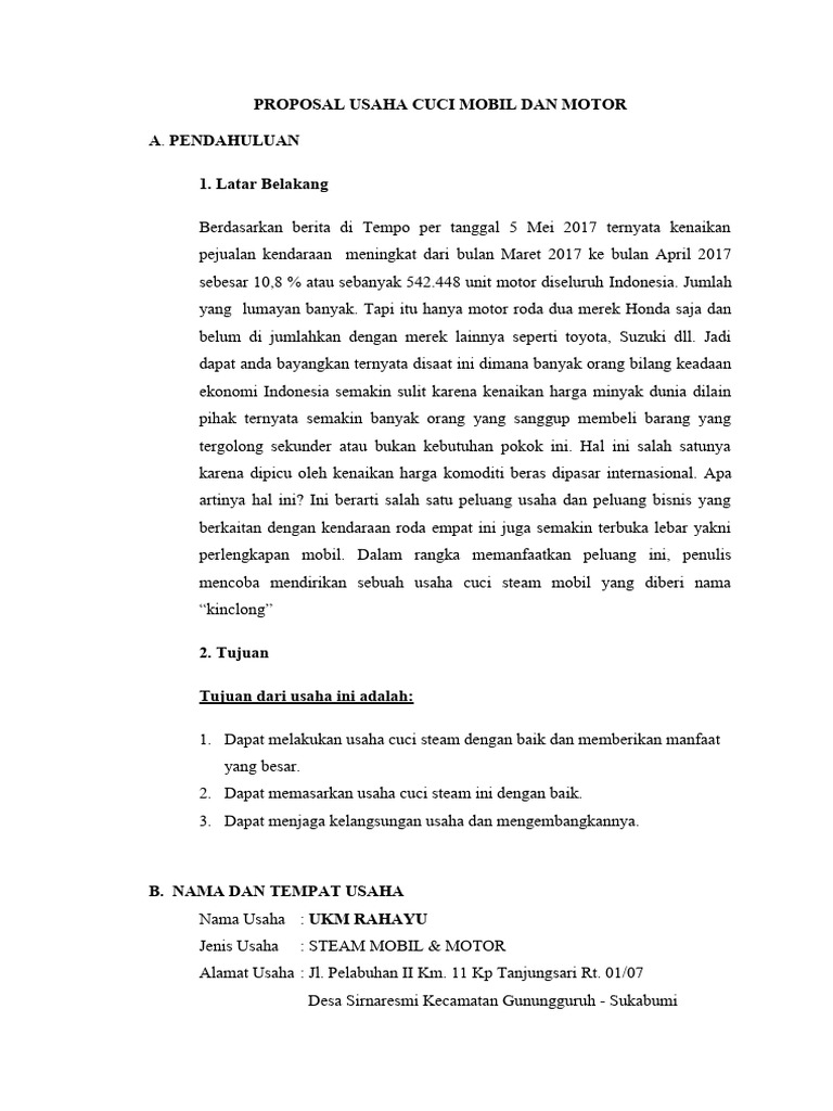 Proposal Usaha Cuci Mobil dan Motor | PDF | Bisnis
