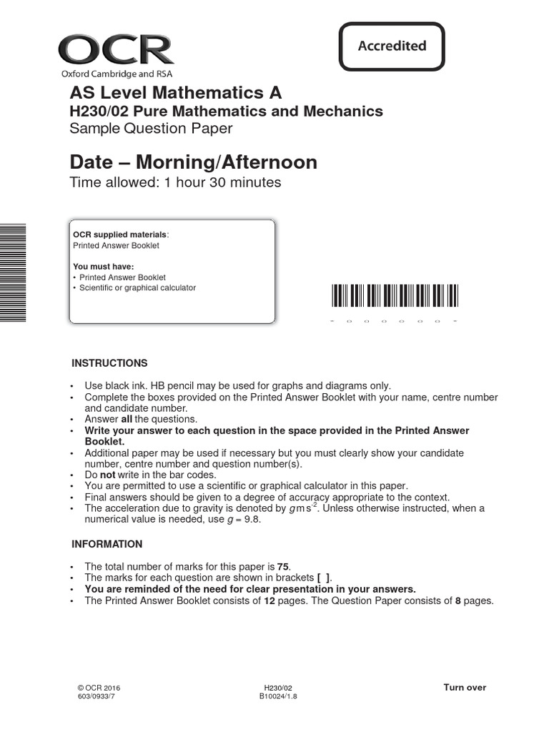 AS Level Specimen - Pure Mathematics and Mechanics | PDF | Accuracy And ...