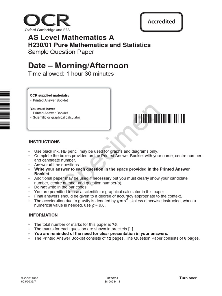 AS Level Specimen - Pure Mathematics and Statistics | PDF | Quadratic ...