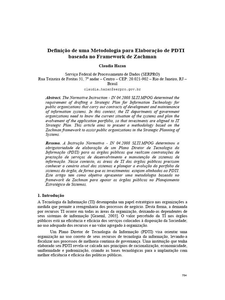 Metodologia PDTI com Framework Zachman | PDF | Tecnologia da Informação ...