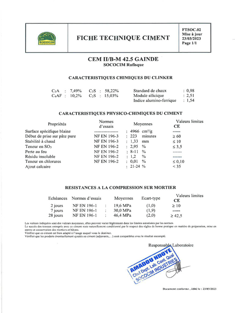 FICHE TECHNIQUE CEM II 42.5 LL GAINDE SOCOCIM SignÃ©e - Copie | PDF