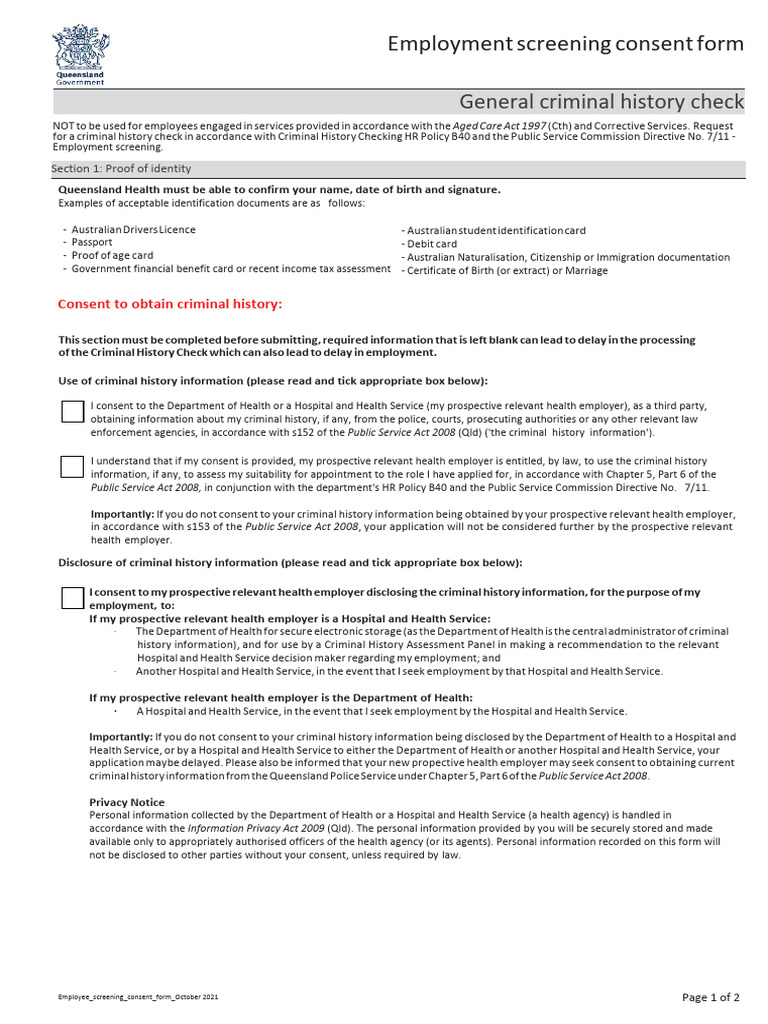 Criminal History Check Consent Form | PDF | Criminal Record | Identity ...