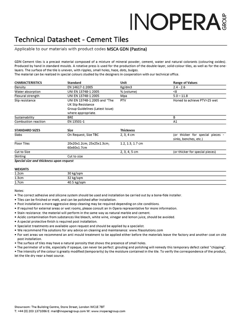 Cement Tile Technical Datasheet | PDF | Tile | Cement