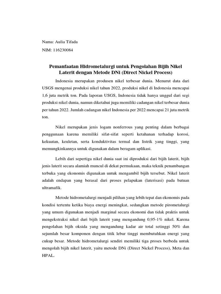 Pemanfaatan Hidrometalurgi Untuk Pengolahan Bijih Nikel Laterit Dengan ...