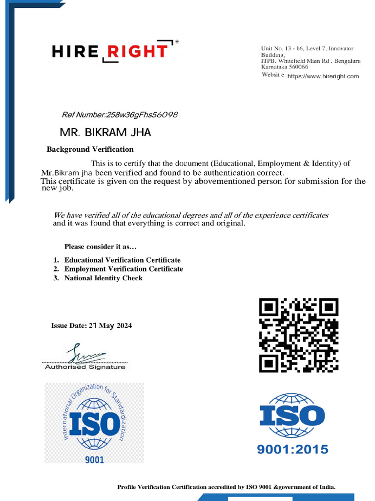 Mr. Bikram Jha Profile Verification Certificate | PDF