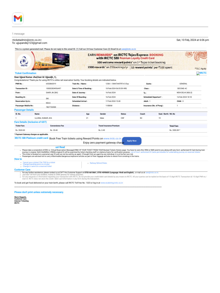 Train E-Ticket 1 | PDF | Payments | Banking Technology