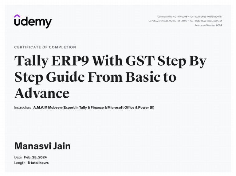 Manasvi Jain Tally Certificate | PDF