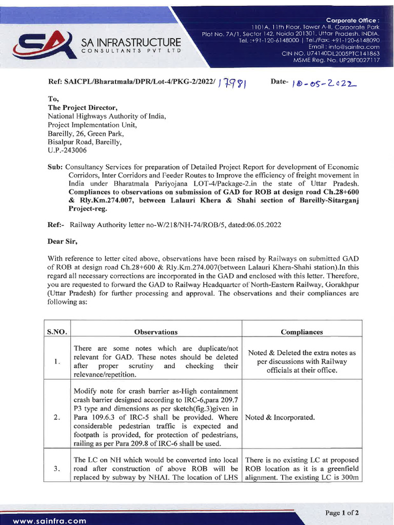 Bareilly-Sitarganj ROB Letter | PDF