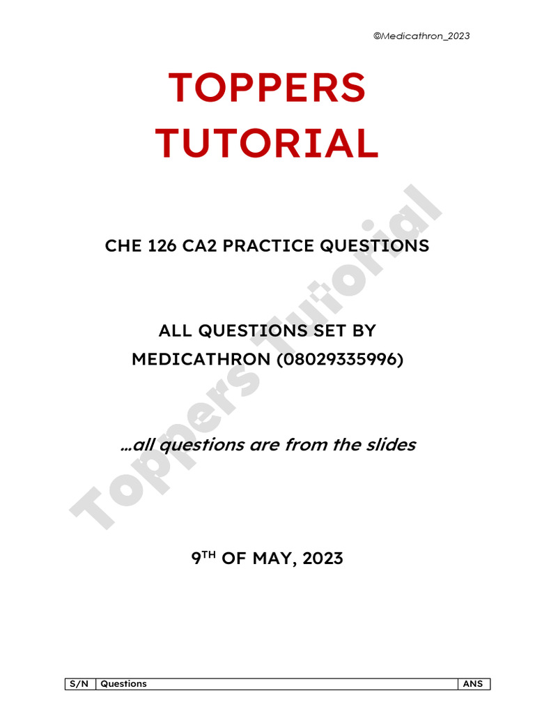 180 Practice Questions On CHE 126 For CA2 | PDF | Transition Metals | Coordination Complex