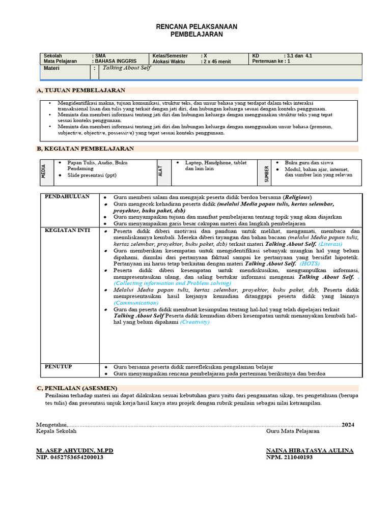 Lesson Plan Nai | PDF | Karier & Perkembangan