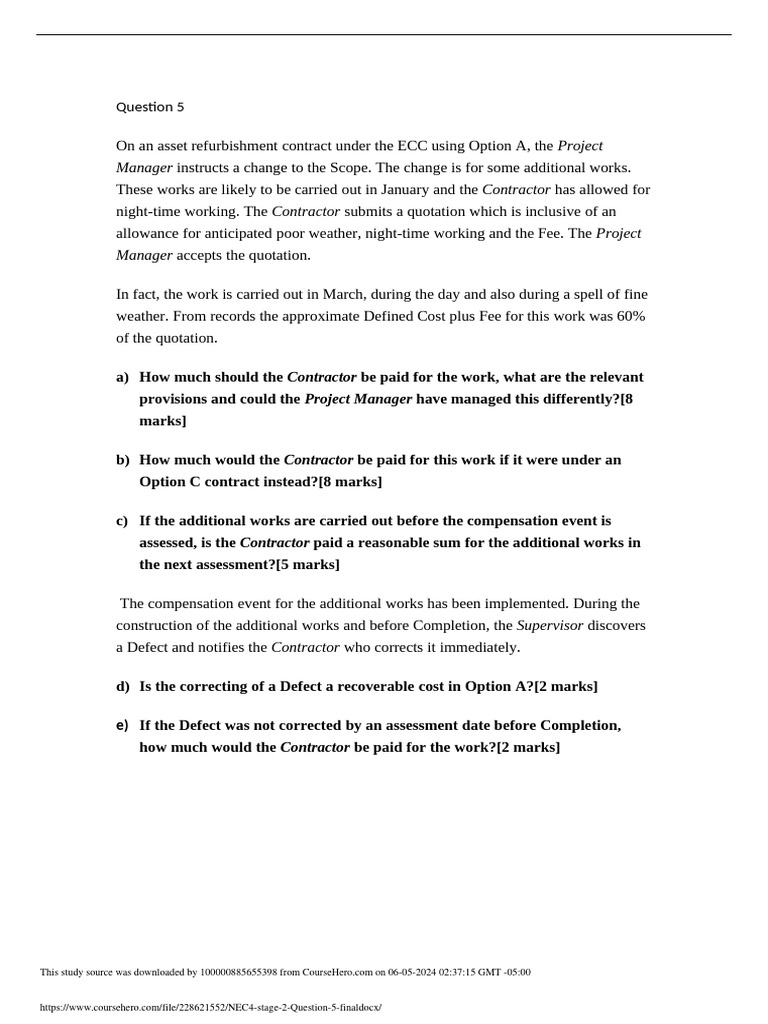 NEC4 Stage 2 Question 5 Final | PDF | Cost | Private Law