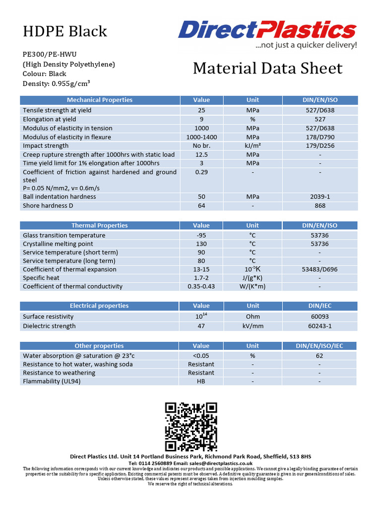 HDPE Data Sheet | Download Free PDF | Strength Of Materials | Yield (Engineering)