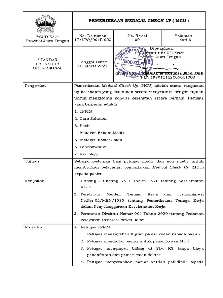 SPO P 17-00-020 Pemeriksaan MCU | PDF | Pengembangan Diri | Sains ...