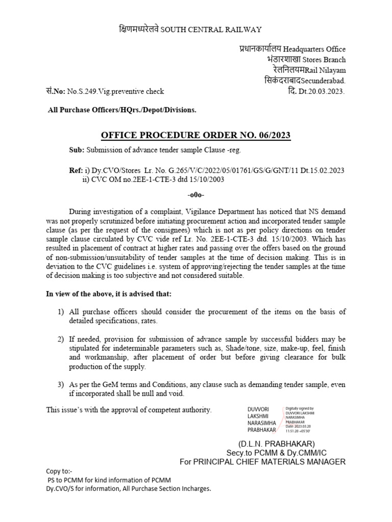 OPO NO. 06-2023 Regarding Submission of Advance Tender Sample | PDF