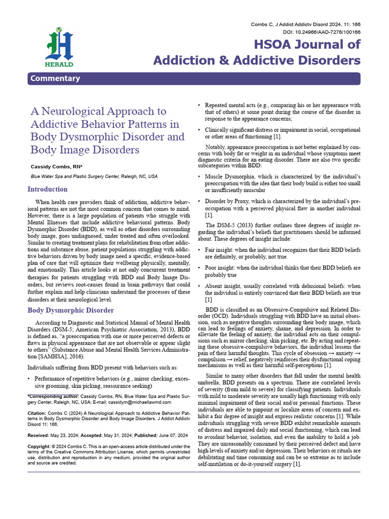 A Neurological Approach to Addictive Behavior Patterns in Body Dysmorphic Disorder and Body ...