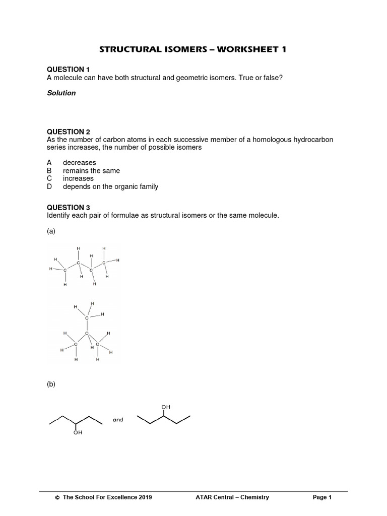 W VCE-2019-Chemistry-Year-12-Structural-Isomers-WORKSHEET-1-FINAL | PDF