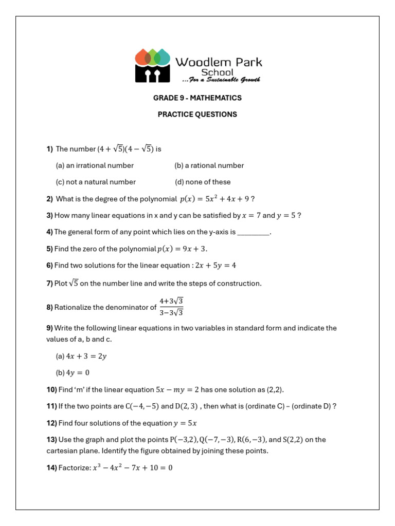 Gr 9 - Practice Questions | PDF | Equations | Polynomial