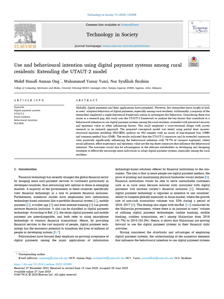 Use and behavioural intention using digital payment systems among rural ... Use and behavioural intention using digital payment systems among rural ...
