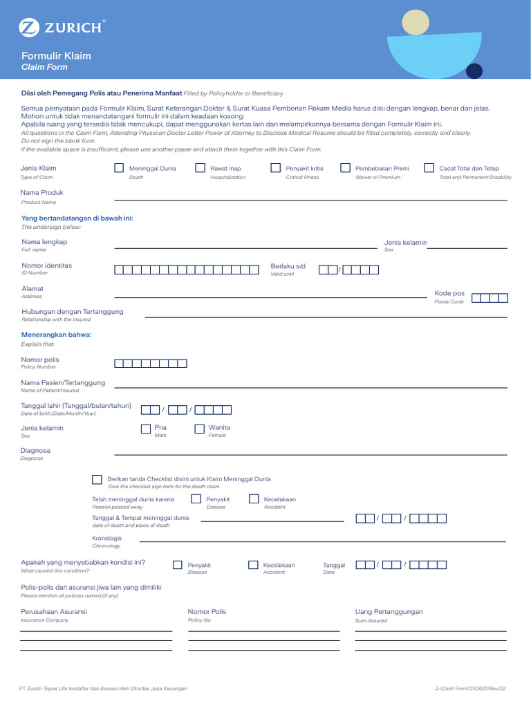 Formulir Klaim Asuransi Zurich | PDF