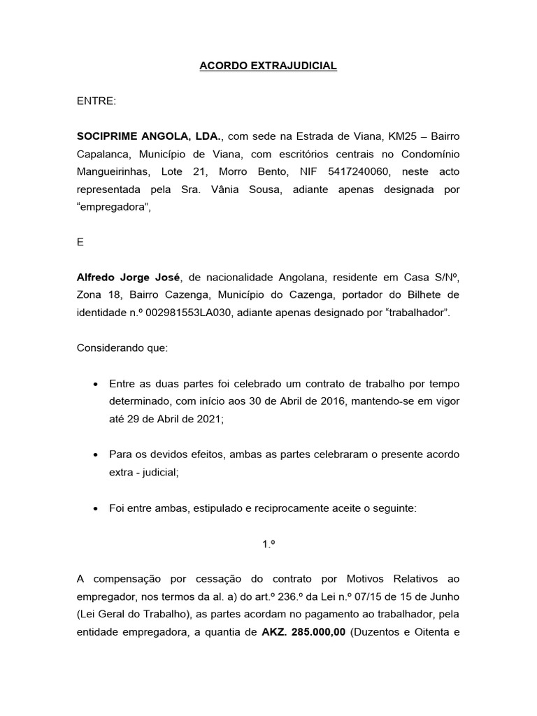 Acordo Extrajudicial entre Sociprime e Trabalhador | PDF | Acordo ...