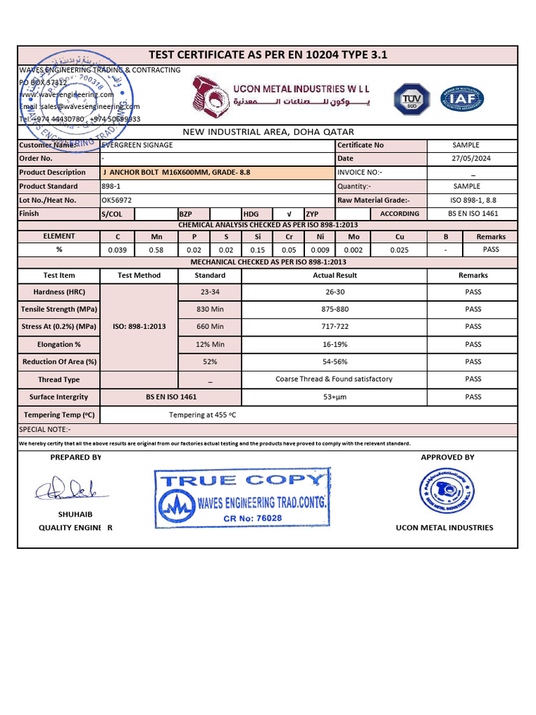 8.8 Grade J Anchor Bolt Test Certificate | PDF | Screw | Physical Sciences