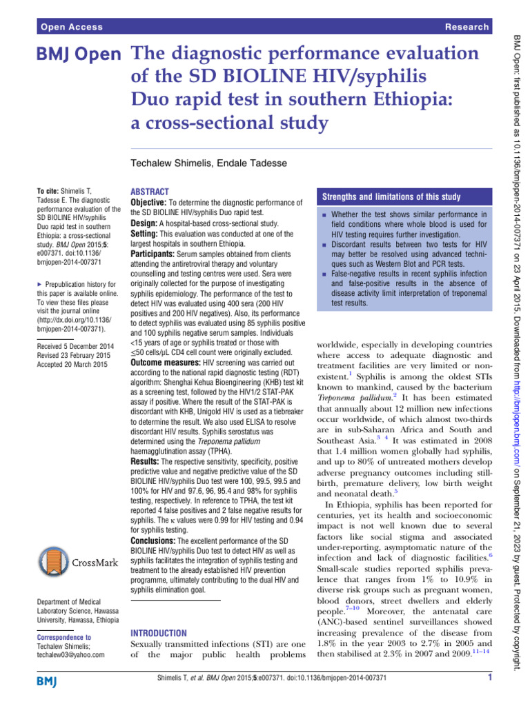 The Diagnostic Performance Evaluation of The SD BIOLINE HIVsyphilis Duo ...