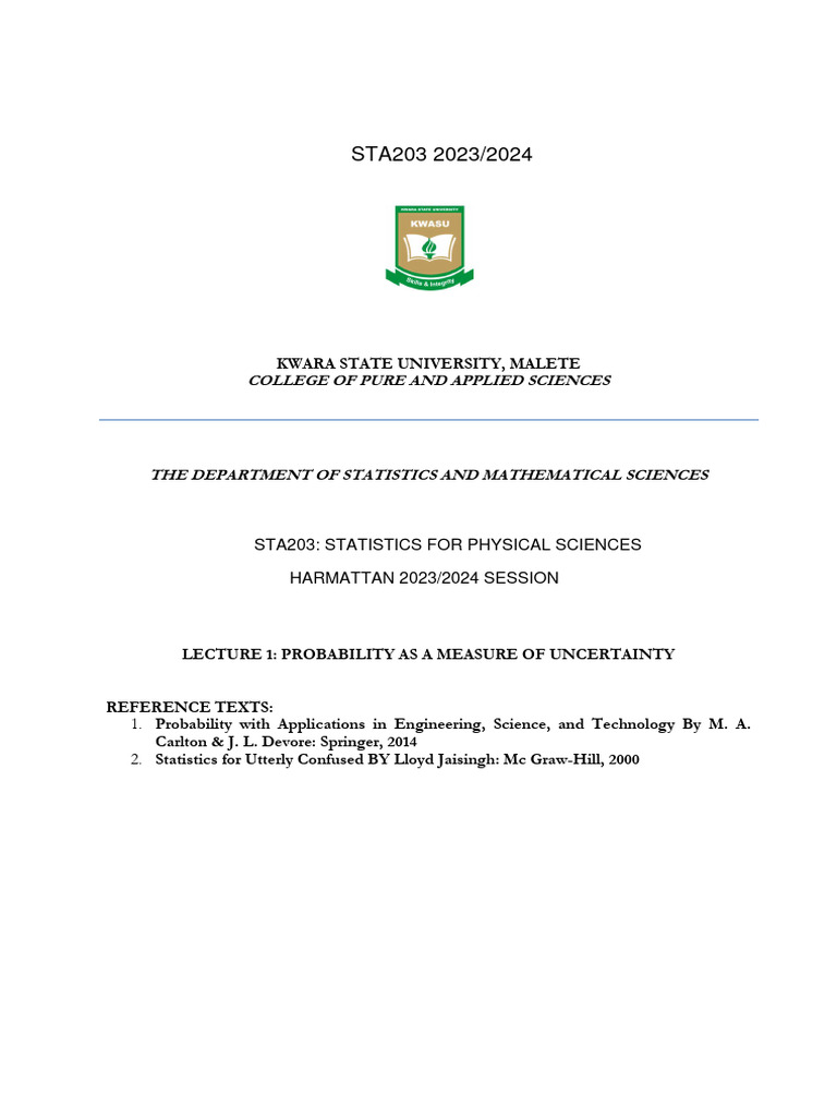 STA HSTA 203 Probability Lecture Notes | PDF | Probability ...