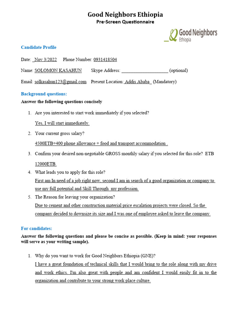 Pre-Screen Questionnaire | PDF | Leadership | Business