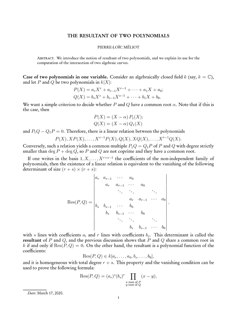 resultant | PDF | Equations | Polynomial