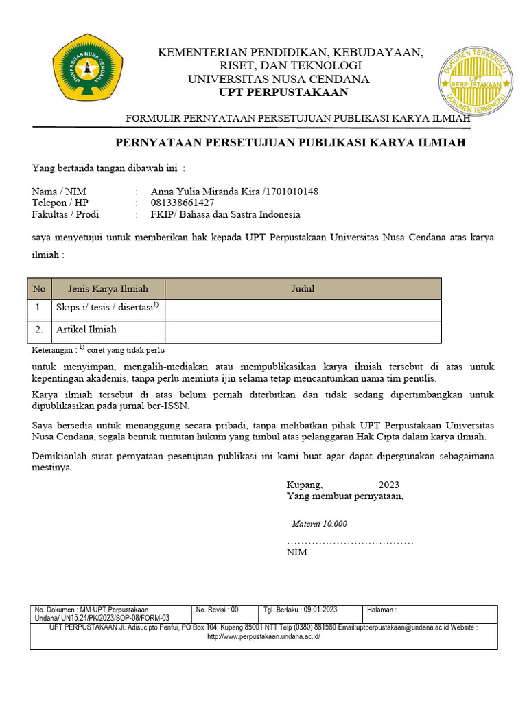 Pernyataan Persetujuan Publikasi Karya Ilmiah Terkendali | PDF