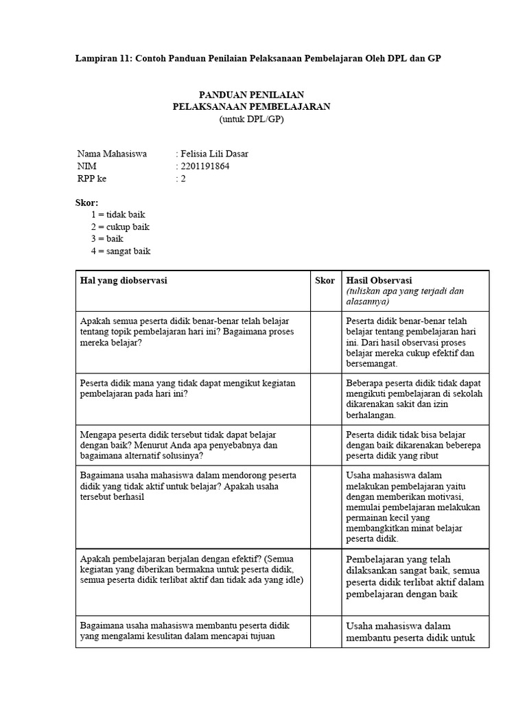 Lampiran 11 - Contoh Panduan Penilaian Pelaksanaan Pembelajaran Oleh DPL Dan GP | PDF | Karier ...
