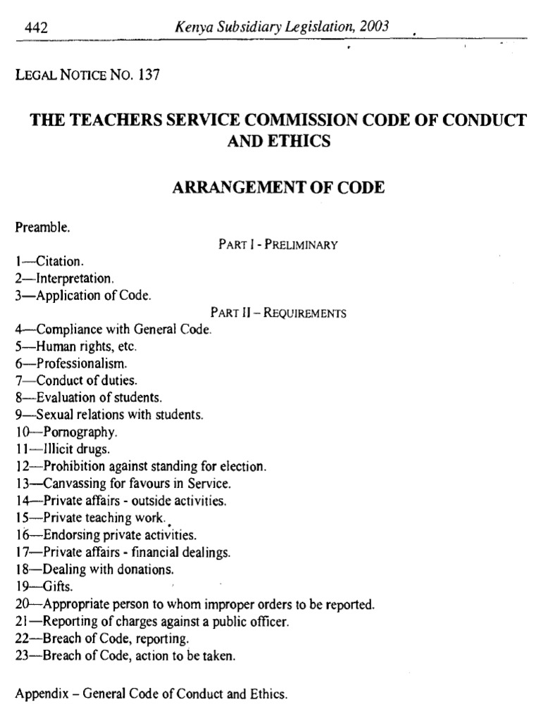 The Teachers Service Commission Code of Conduct and Ethics Arrangement ...