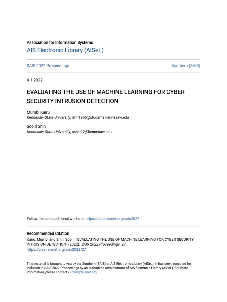 Evaluating The Use of Machine Learning For Cyber Security Intrusi | PDF ...
