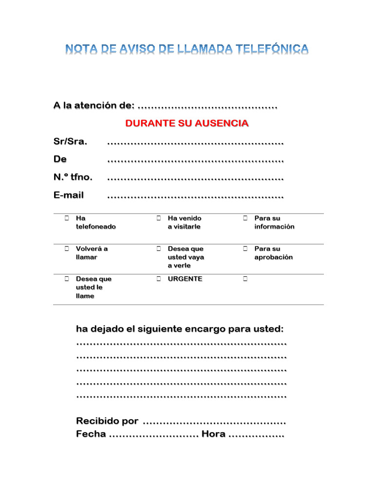 Nota de aviso de llamada telefónica | PDF