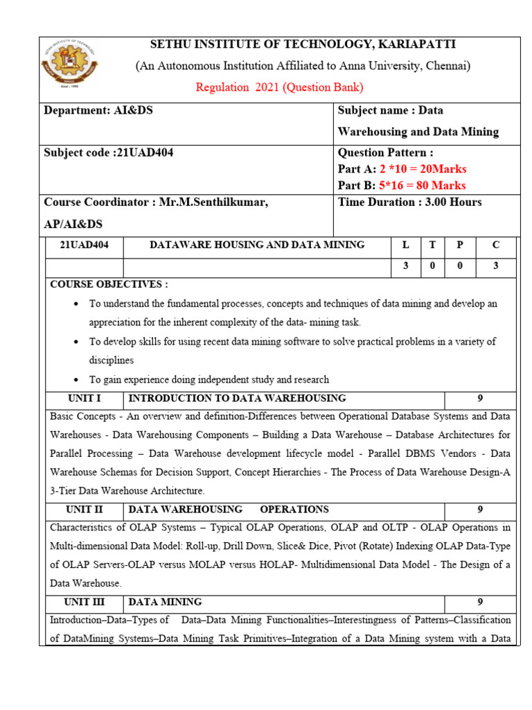 21UAD404-DWDM APRIL 2024 QB | Download Free PDF | Cluster Analysis | Data Warehouse
