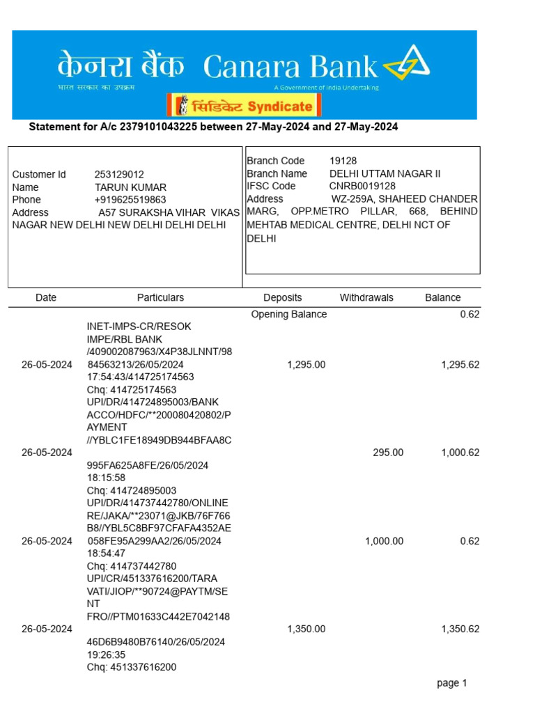 Canara Statement 2024-05-27 | PDF | Phishing | Payments