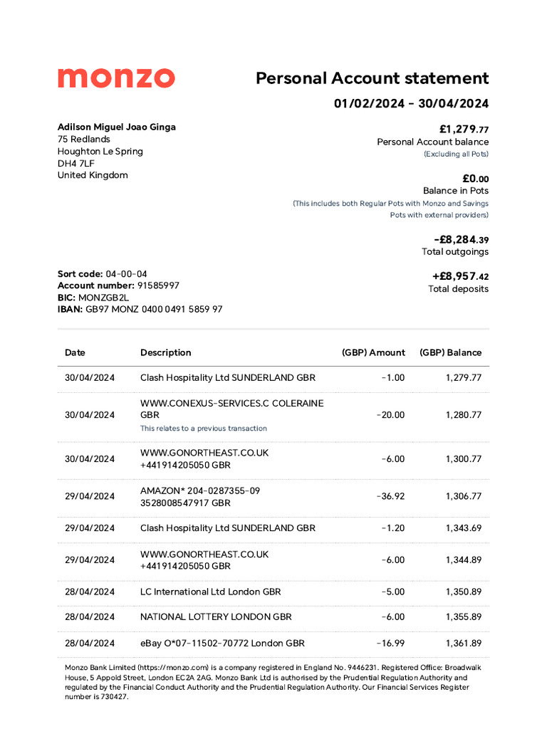 Monzo - Bank - Statement - 2024 02 01 2024 04 30 - 4306 | PDF ...