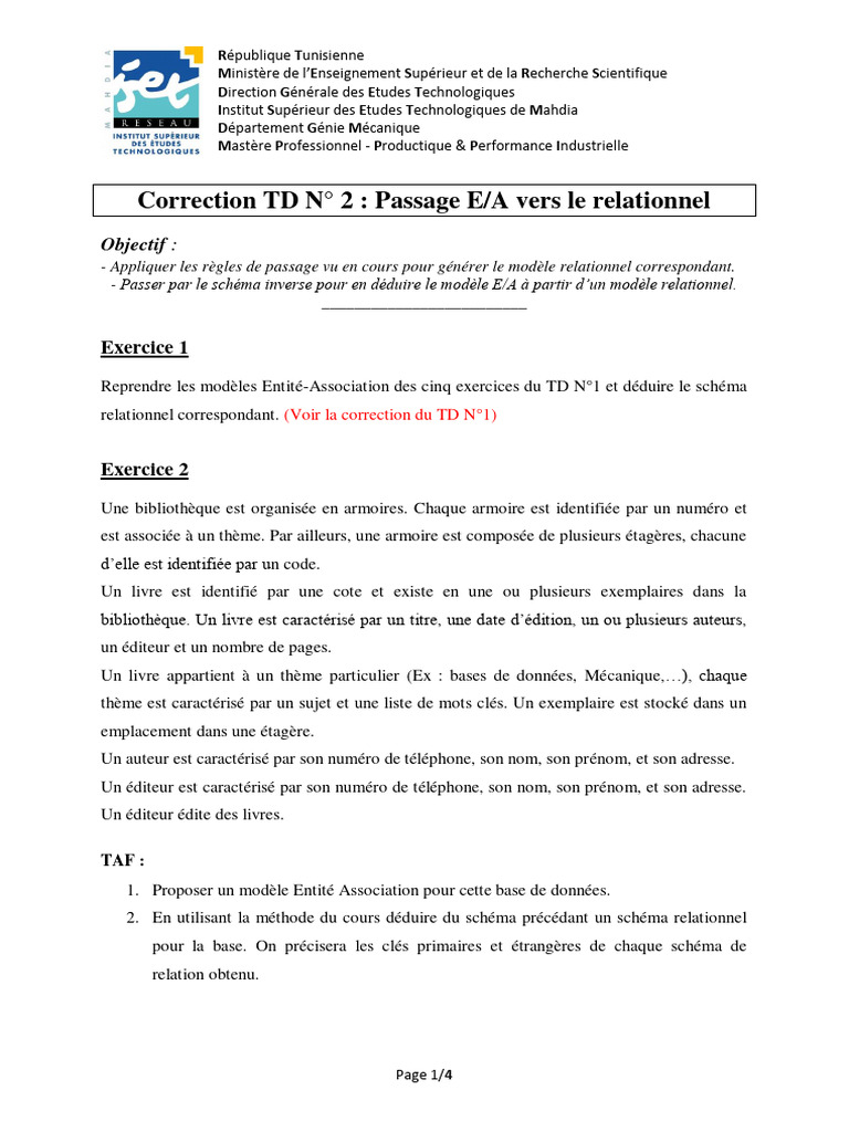 TD2 - Passage EA-Relationnel Correction | PDF | Bases de données | Informatique