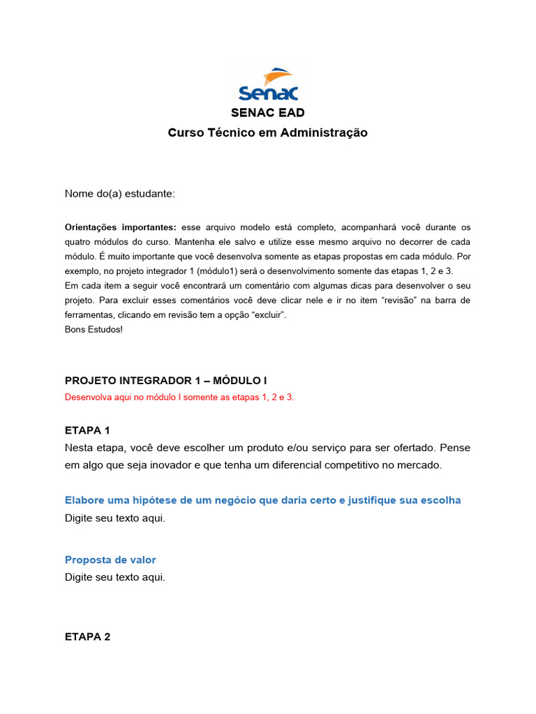 Modelo PI 2 - ADMINISTRAÇÃO PROJETO INTEGRADOR SENAC | PDF ...