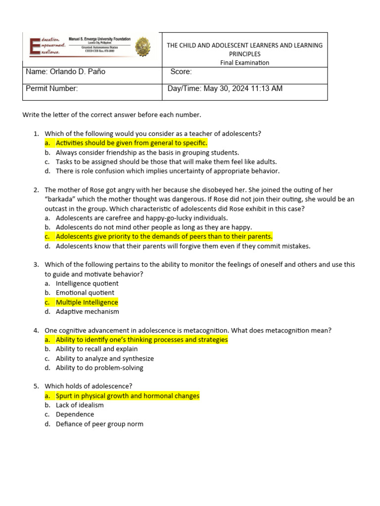 finals-TCC-101-2022-No-Answer | PDF | Adolescence | Puberty