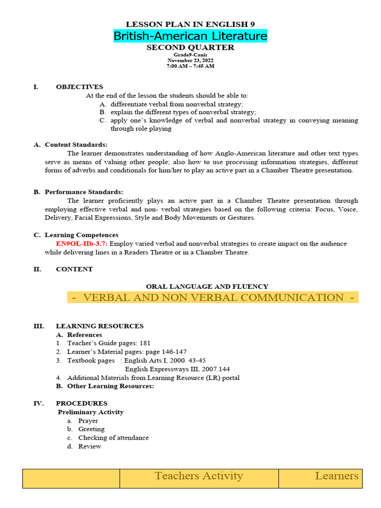 Lesson Plan in English 9 | PDF | Nonverbal Communication | Communication