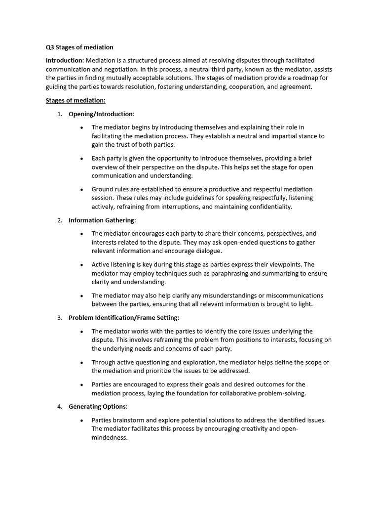 Q3 Stages of Mediation Introduction: Mediation Is A Structured Process ...
