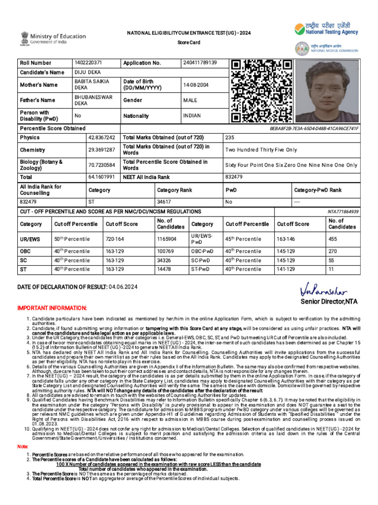 Neet - Ntaonline.in Frontend Web Scorecard Index | PDF | Qualifications