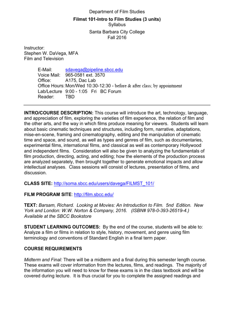 Intro to Film Studies Syllabus 2016 | PDF | Plagiarism | Multiple Choice