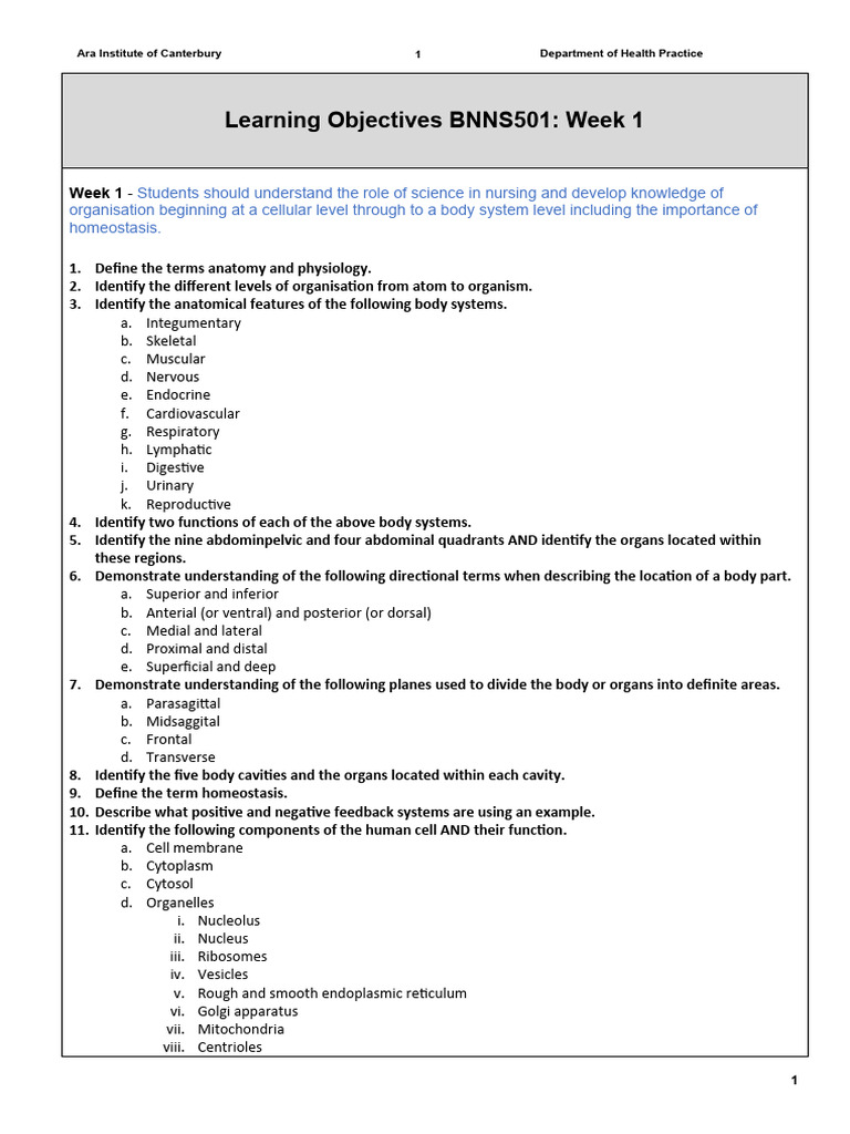 Week 1 Learning Objectives | PDF | Anatomical Terms Of Location | Biology