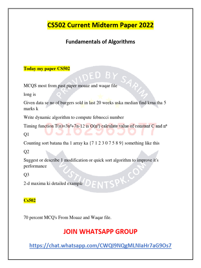 CS502 Current Midterm 2022 Papers | PDF | Algorithms | Dynamic Programming