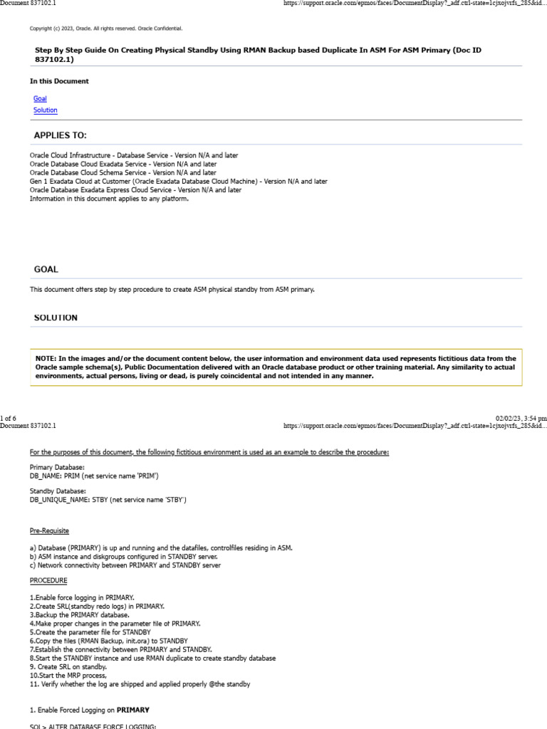 Step By Step Guide On Creating Physical Standby Using Rman Backup Based Duplicate In Asm For Asm