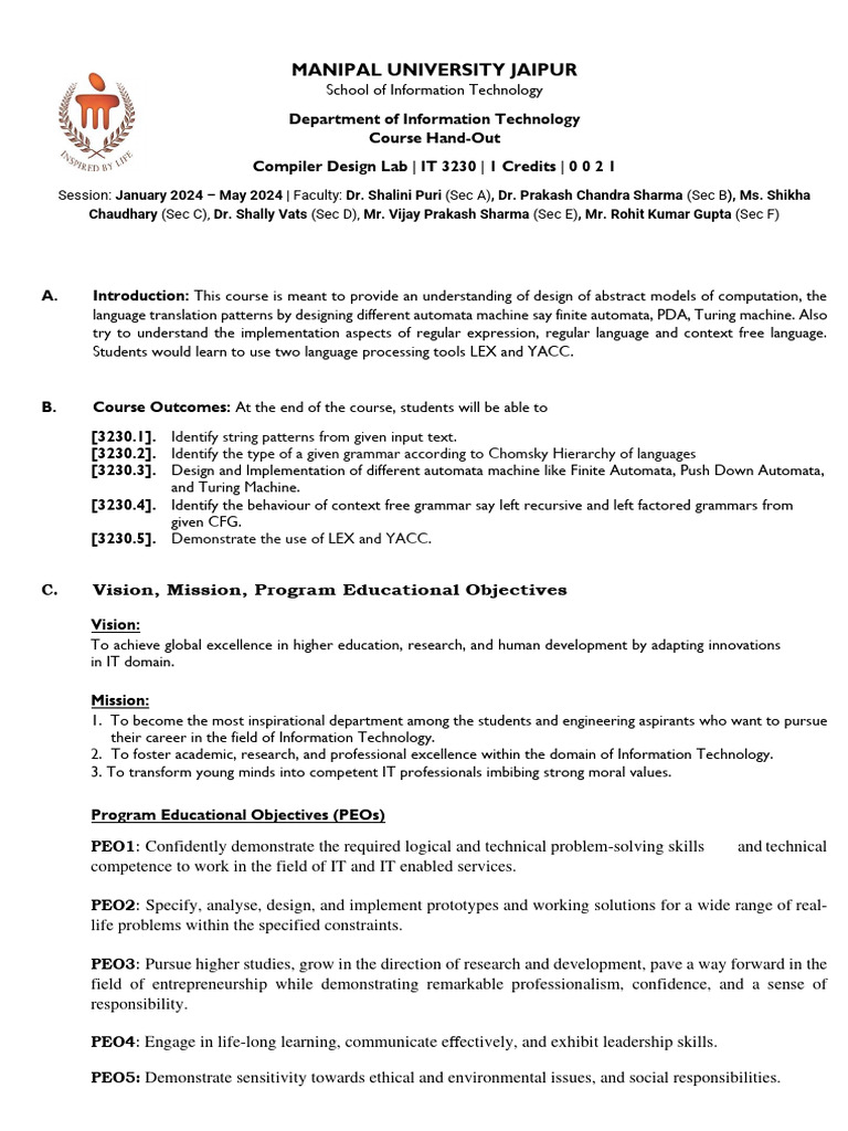 IT3230-Compiler Design Lab-HANDOUT-2024 | Download Free PDF | Engineering | Automata Theory