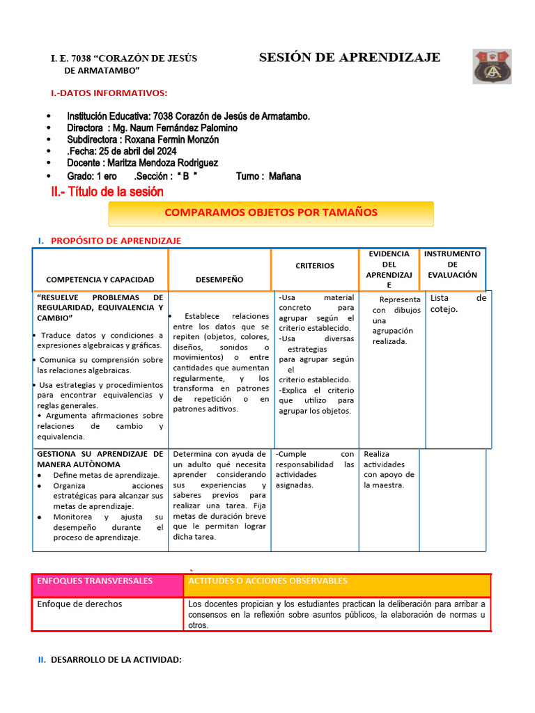 Comparamos Objetos Por Tamaño | PDF | Evaluación | Aprendizaje
