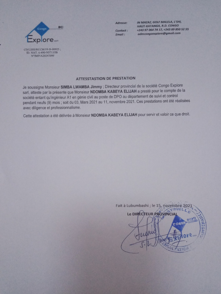 Attestation de Service Rendu Congo Explore | PDF